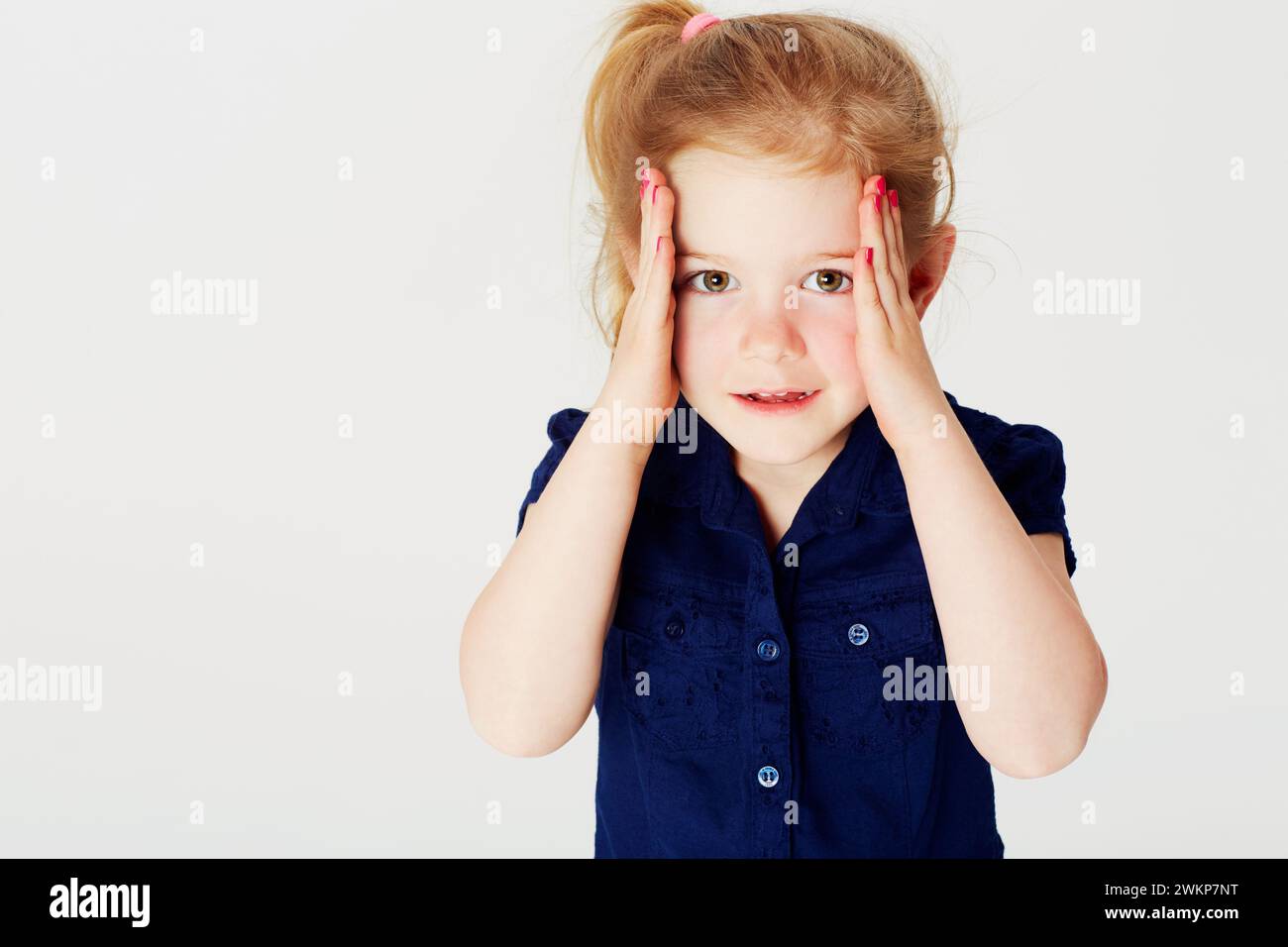 Portrait, fashion and shocked girl child in studio on white background ...