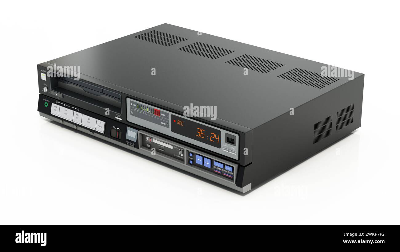 Vintage videocassette recorder or VCR isolated on white background. 3D ...