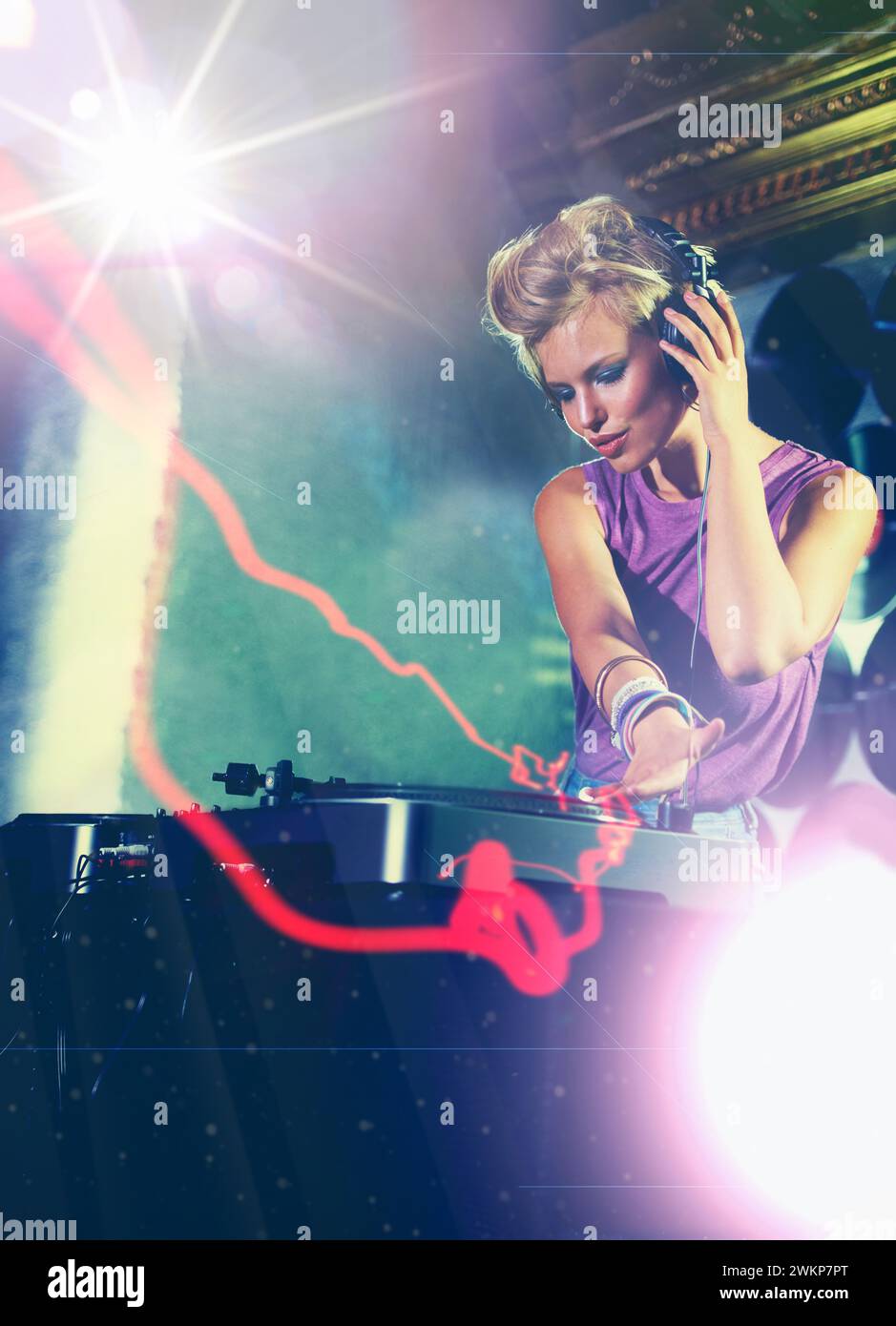 Woman, dj and turntable with headphones for music on stage with lens ...