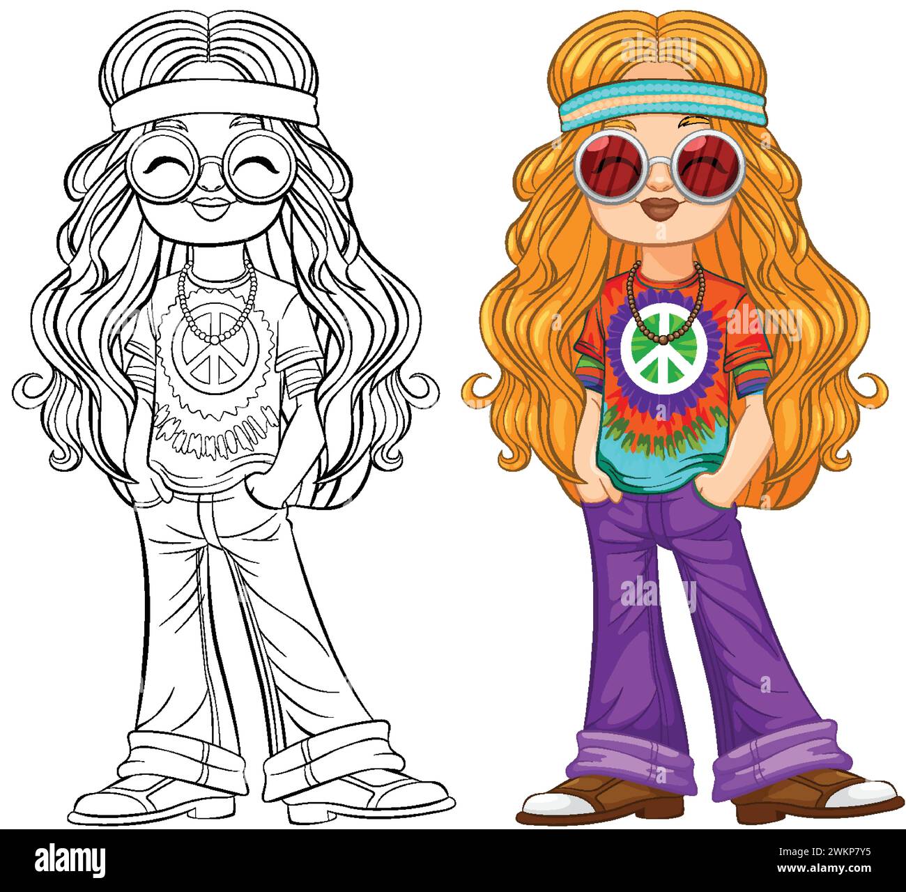 Colorful and black-and-white hippie girl vector Stock Vector Image ...