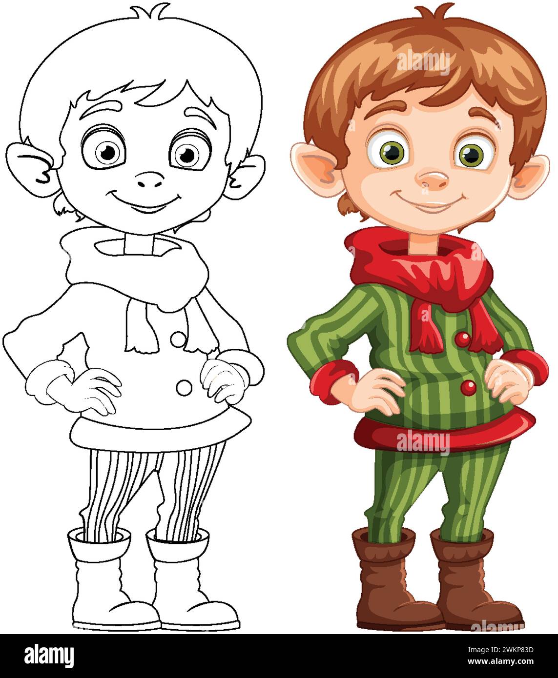 Line art and colored illustration of a happy elf Stock Vector Image ...
