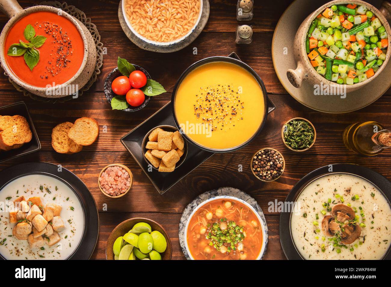 Arabic Cuisine; Middle Eastern traditional soups. Assortment of Arabic ...