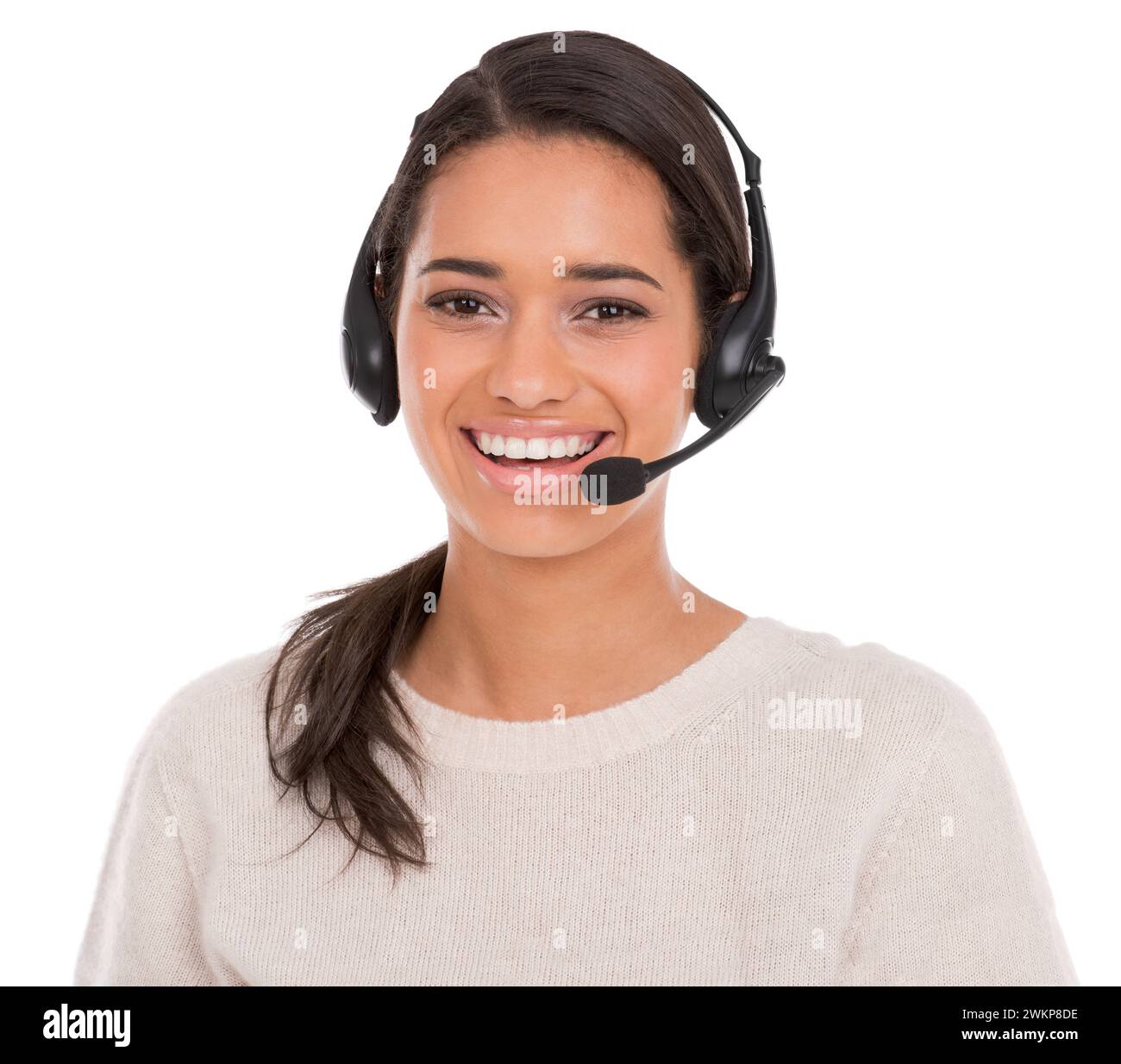 Call center, portrait and woman consulting in studio for contact us ...