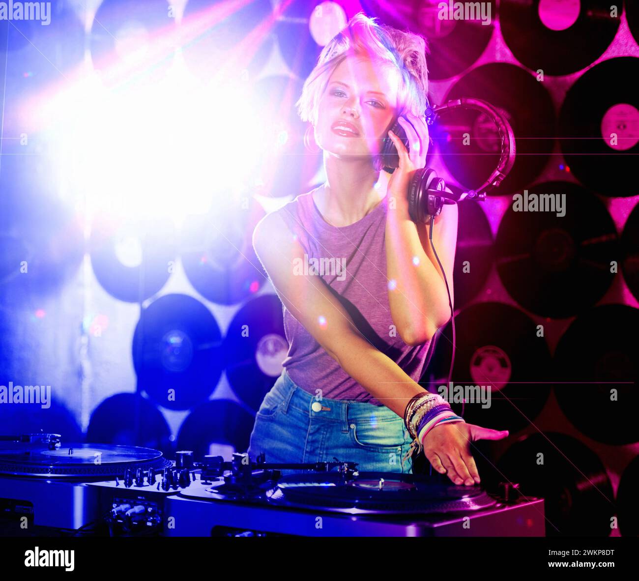 Portrait, woman dj and headphones for retro, nightclub and party with ...