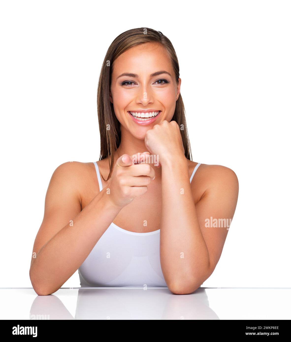 Portrait, smile and woman pointing to you, beauty and person isolated ...