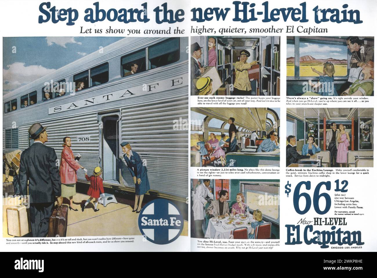1957 Santa Fe Railway 'New' El Capitan Hi-Level Train Print Ad Stock ...