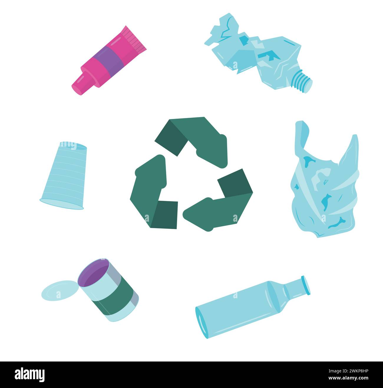 Waste set. Bottles, tubes, bags, cups. Vector illustration isolated on ...