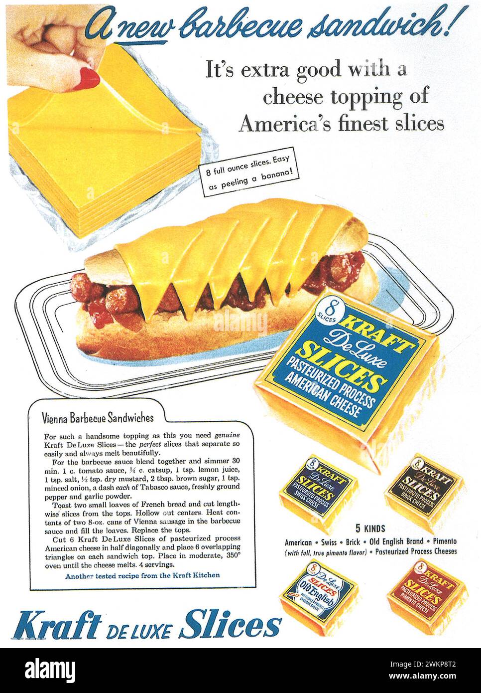1955 Kraft Deluxe Cheese Slices Print Ad. "A new barbecue sandwich ...