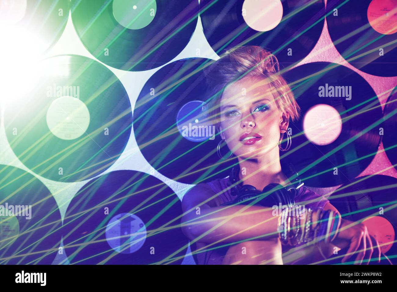 Woman, dj and portrait in nightclub with lights at rave party, sitting ...