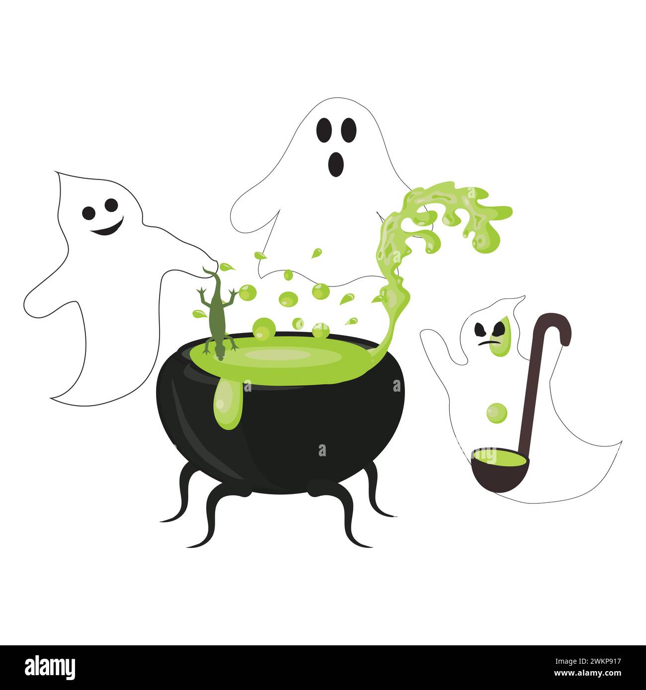 Three ghosts are brewing a magic potion in a cauldron. Vector ...