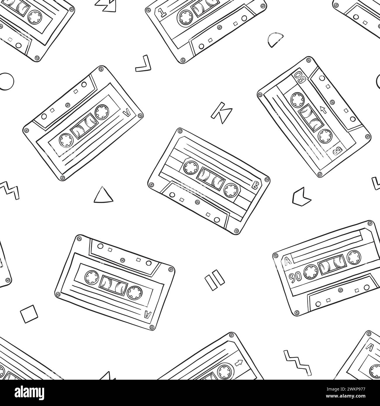 Audio cassette tape doodle seamless pattern. Vector repeat pattern ...