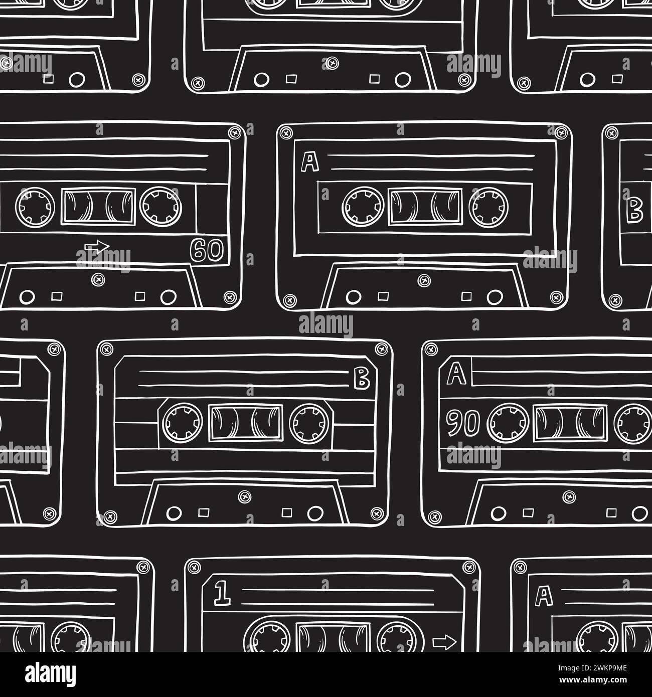 Audio cassette tape doodle seamless pattern. Vector repeat pattern ...