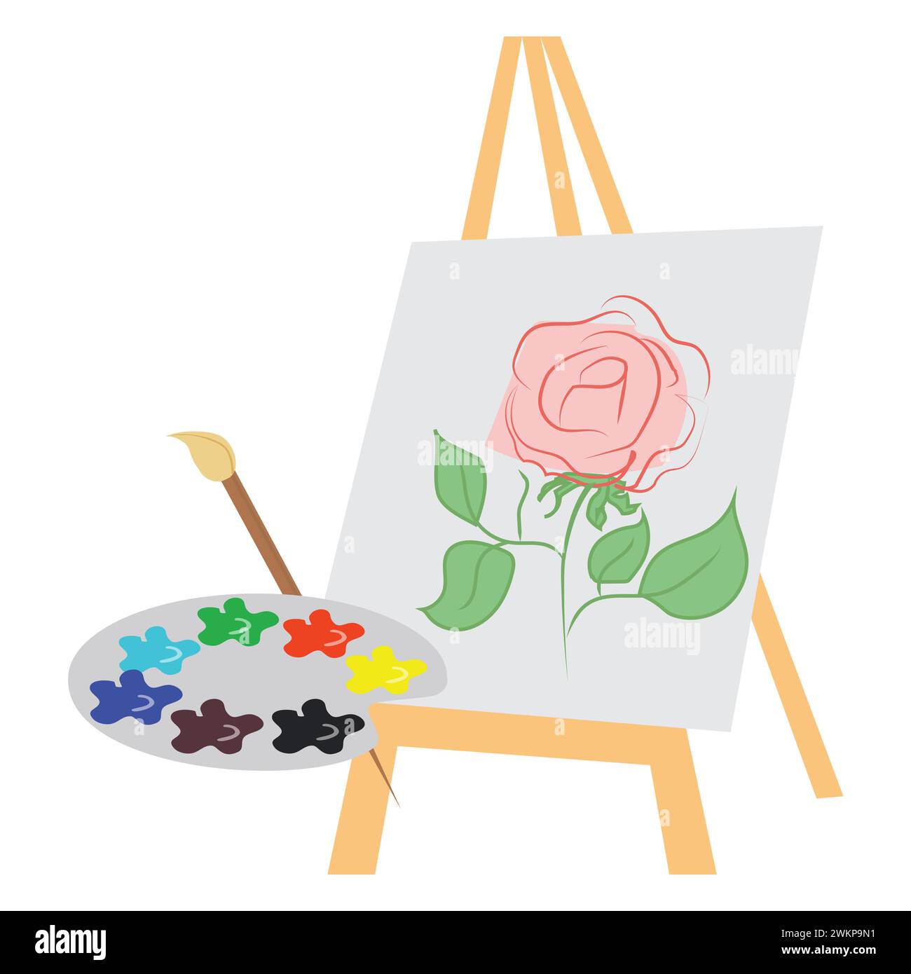 Easel and colorful palette with paints, brush. Elements of the artist ...