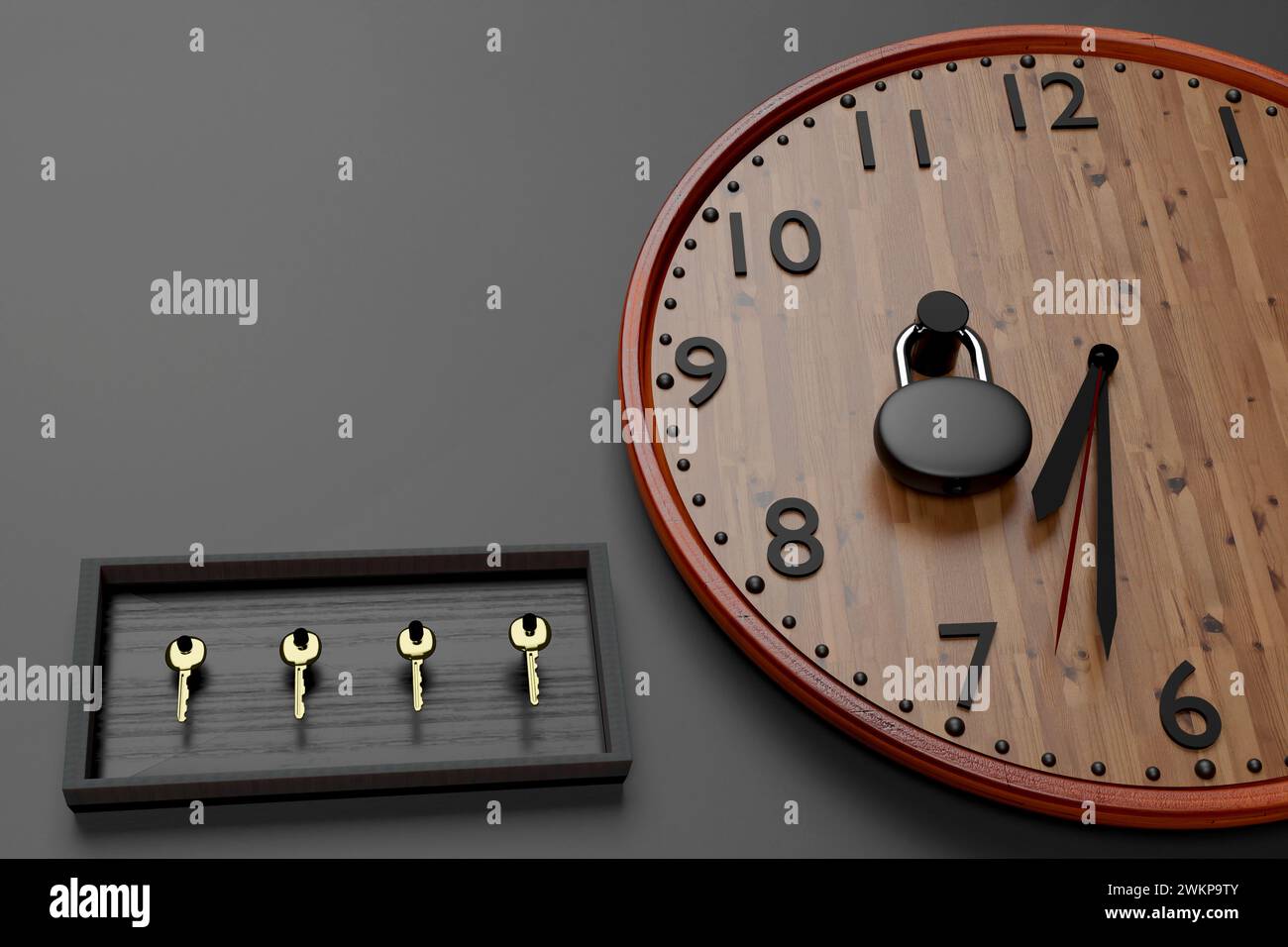 3D Rendered illustration of clock and wooden box with keys over purple ...