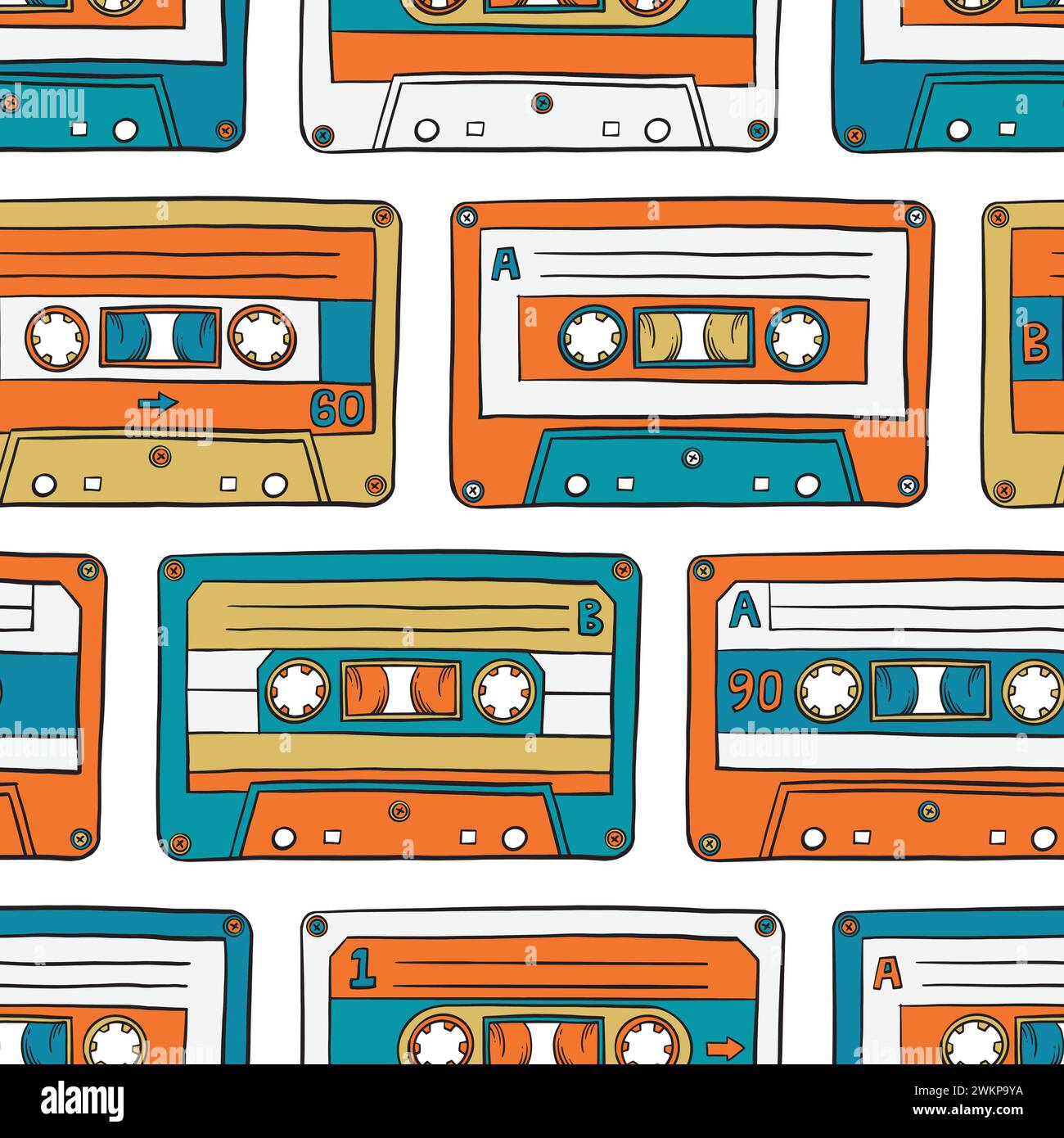 Audio cassette tape doodle seamless pattern. Vector repeat pattern ...