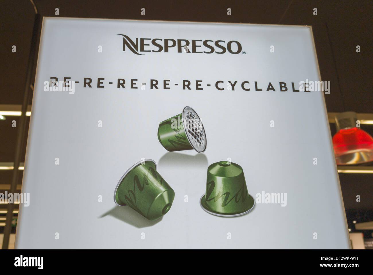 Bordeaux , France - 02 19 2024 : Nespresso advertising recycling panel ...