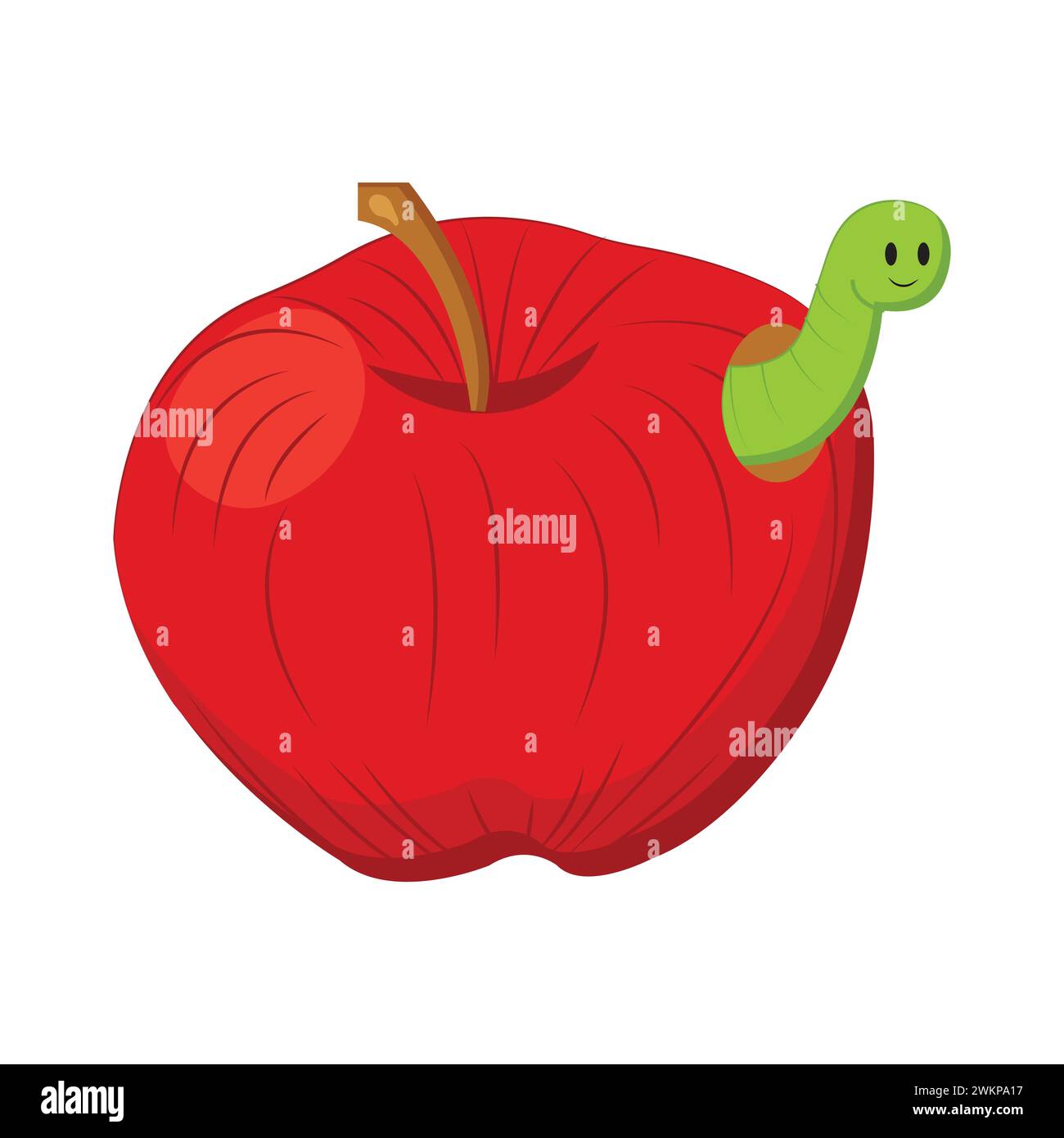 Red apple with a smiling worm. Vector illustration in cartoon style isolated on a white ...