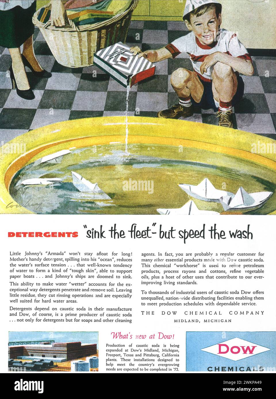 1950s Dow Chemicals Print Ad. "Detergents sink the fleet but speed the ...