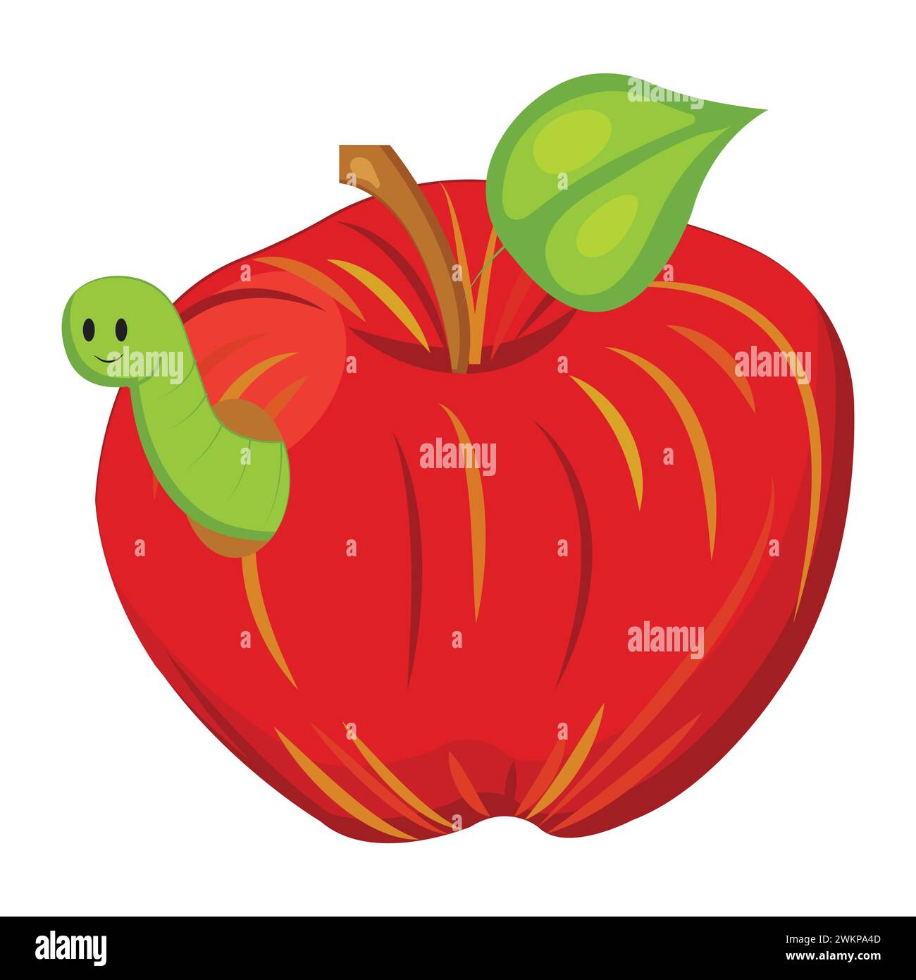 Red apple with a smiling worm. Vector illustration in cartoon style isolated on a white ...