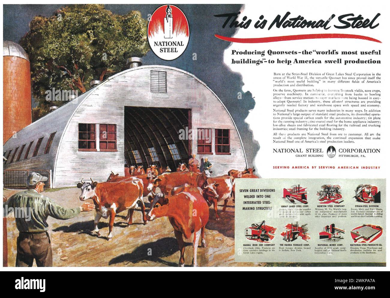 1952 National Steel print ad. 'Producing quonsets the world's most ...