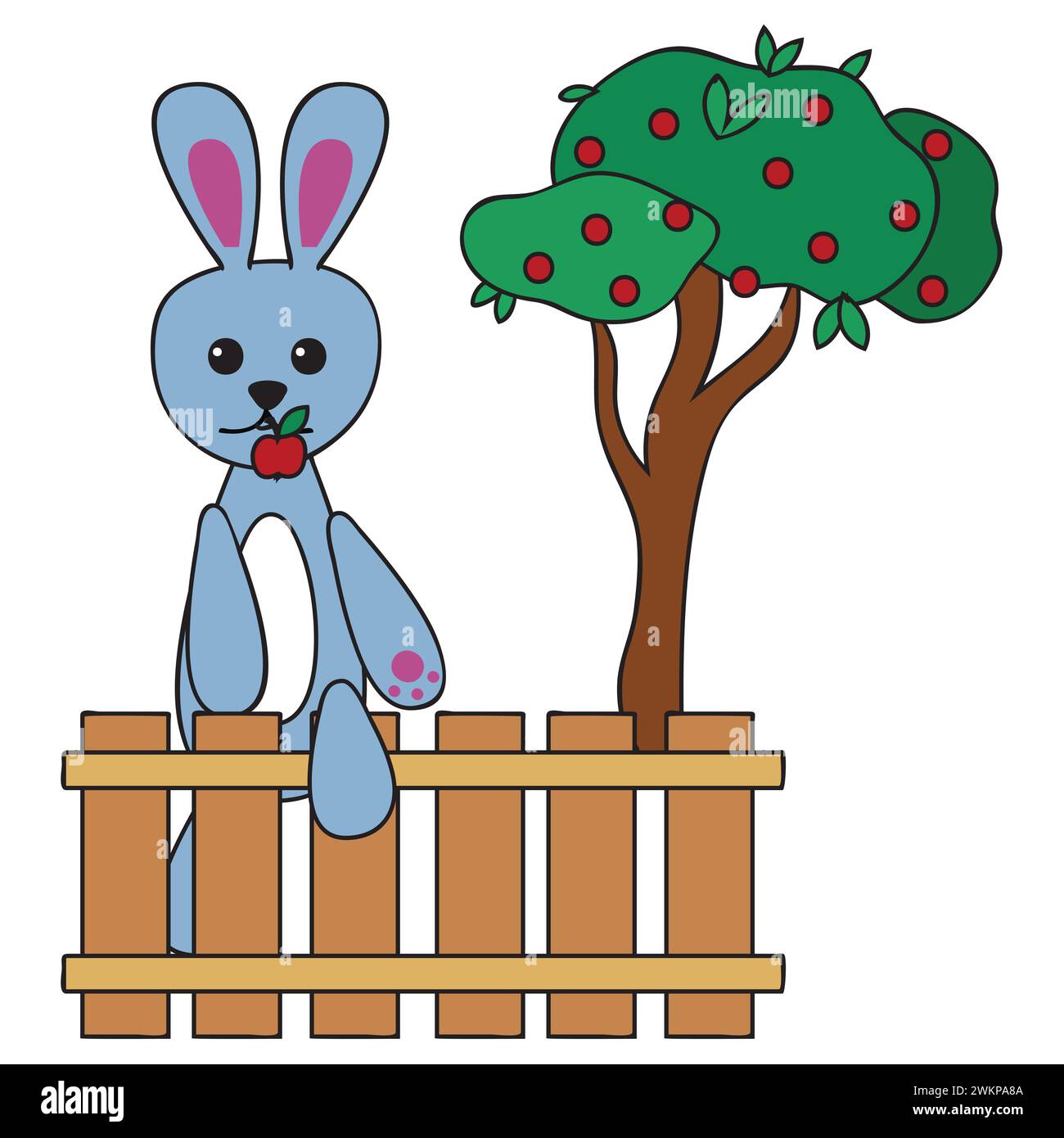 Bunny with an apple in his teeth climbs over the fence. Cute childish ...