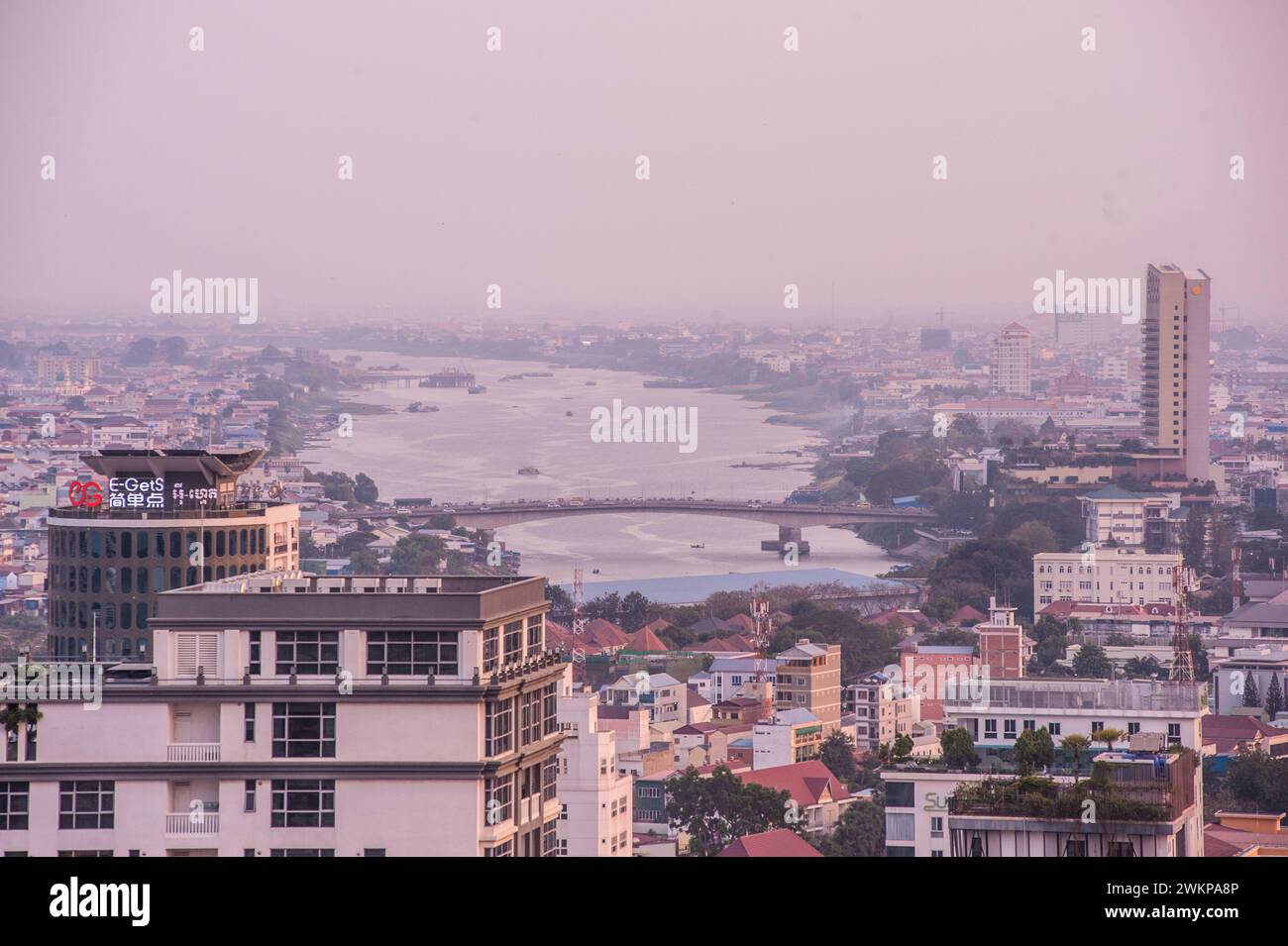 aerial view of The Tonle Bassac River & The Monivong Bridge on a hazy ...