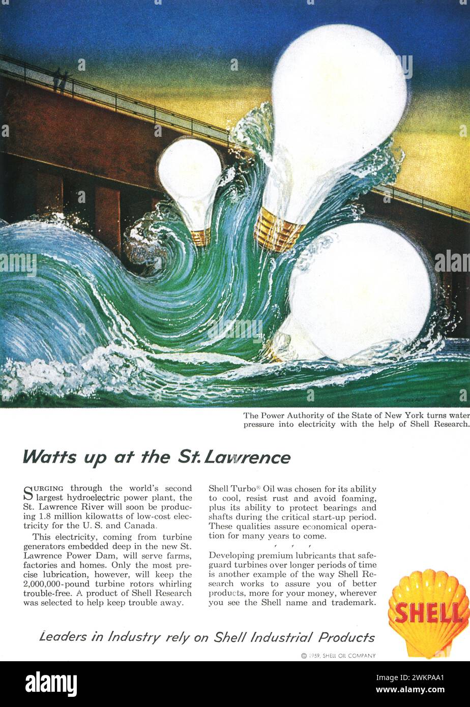 1959 Shell Industrial Products print ad. 'Watts up the St. Lawrence ...