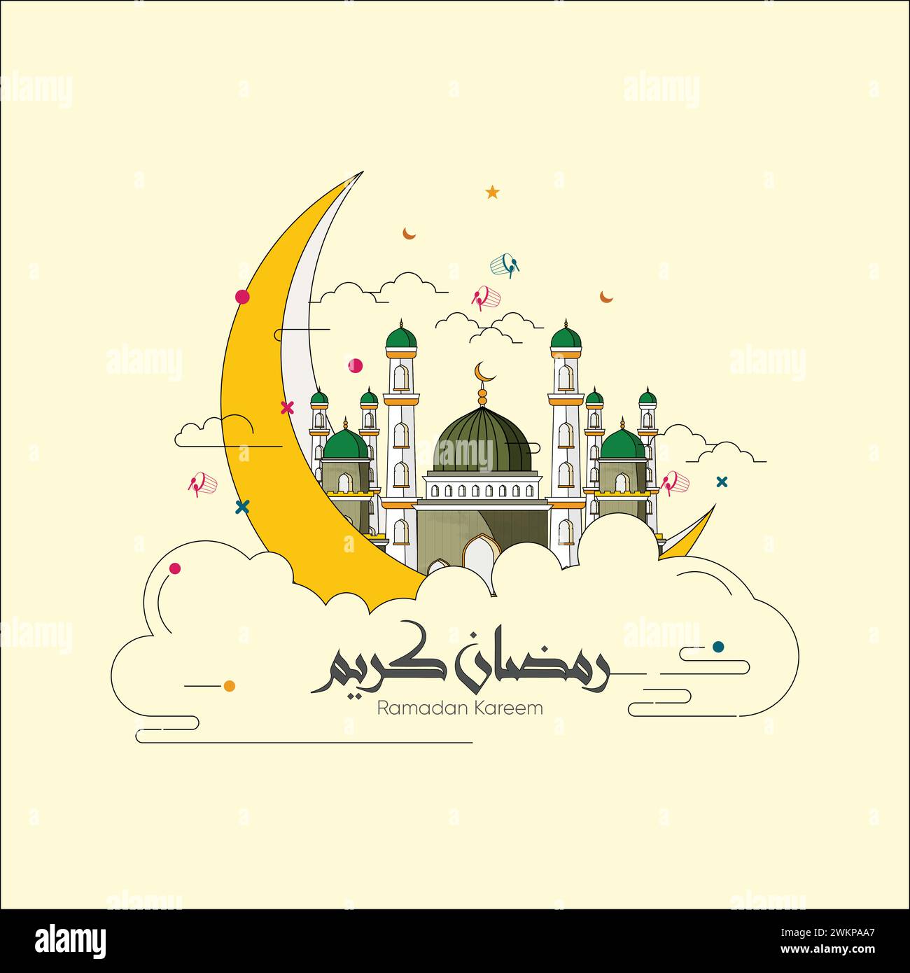Line Art Ramadan Kareem background. Crescent and mosque in vector ...