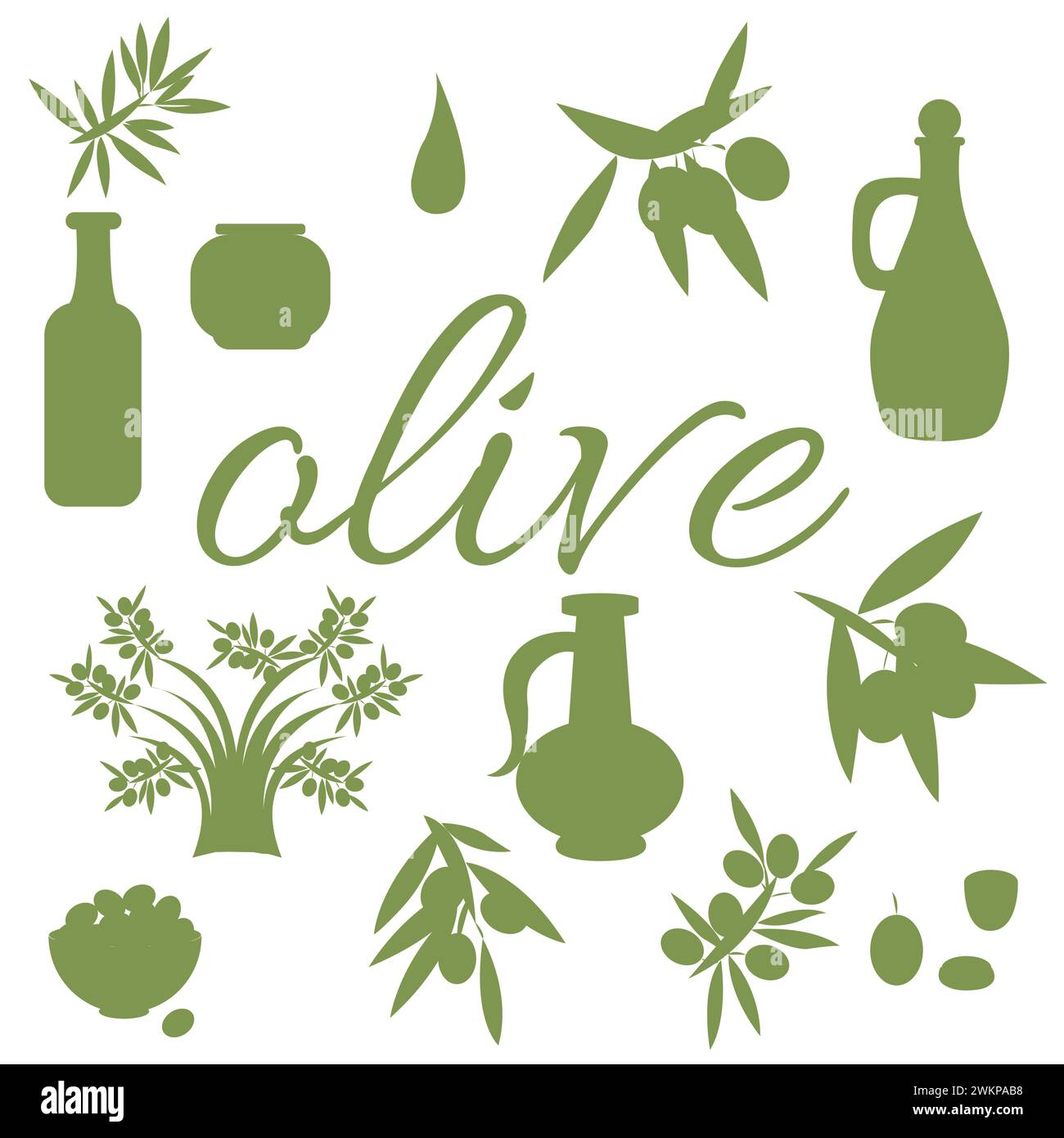 Olive oil, olive branch. Icon set. Vector illustration isolated on ...