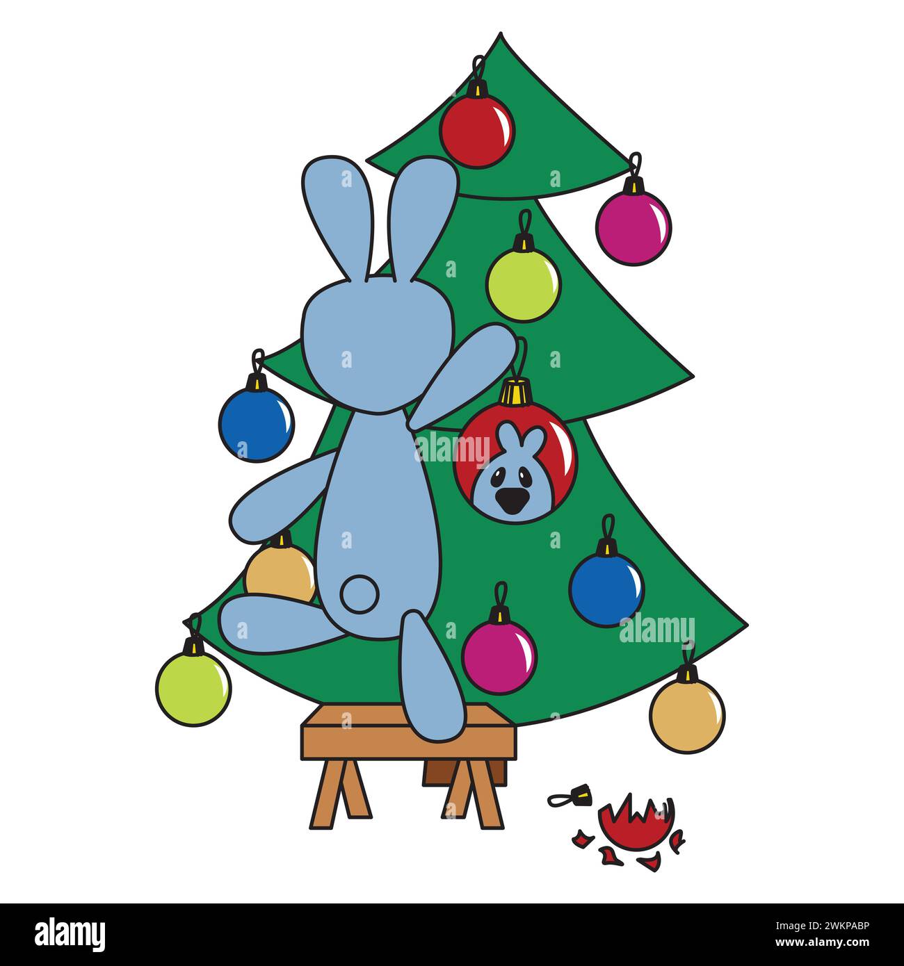 Bunny decorates the Christmas tree. Cute childish art in cartoon style ...