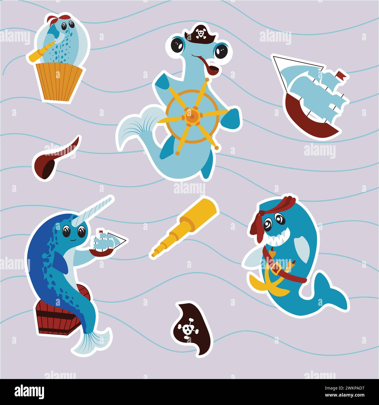 Pirate party set of stickers for children's birthday. Cute fish pirates ...