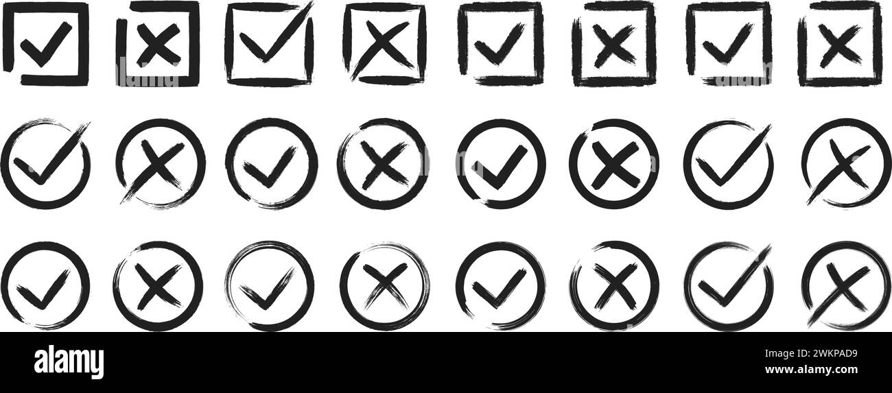Dirty grunge cross x and tick OK check marks set in check boxes, hand ...