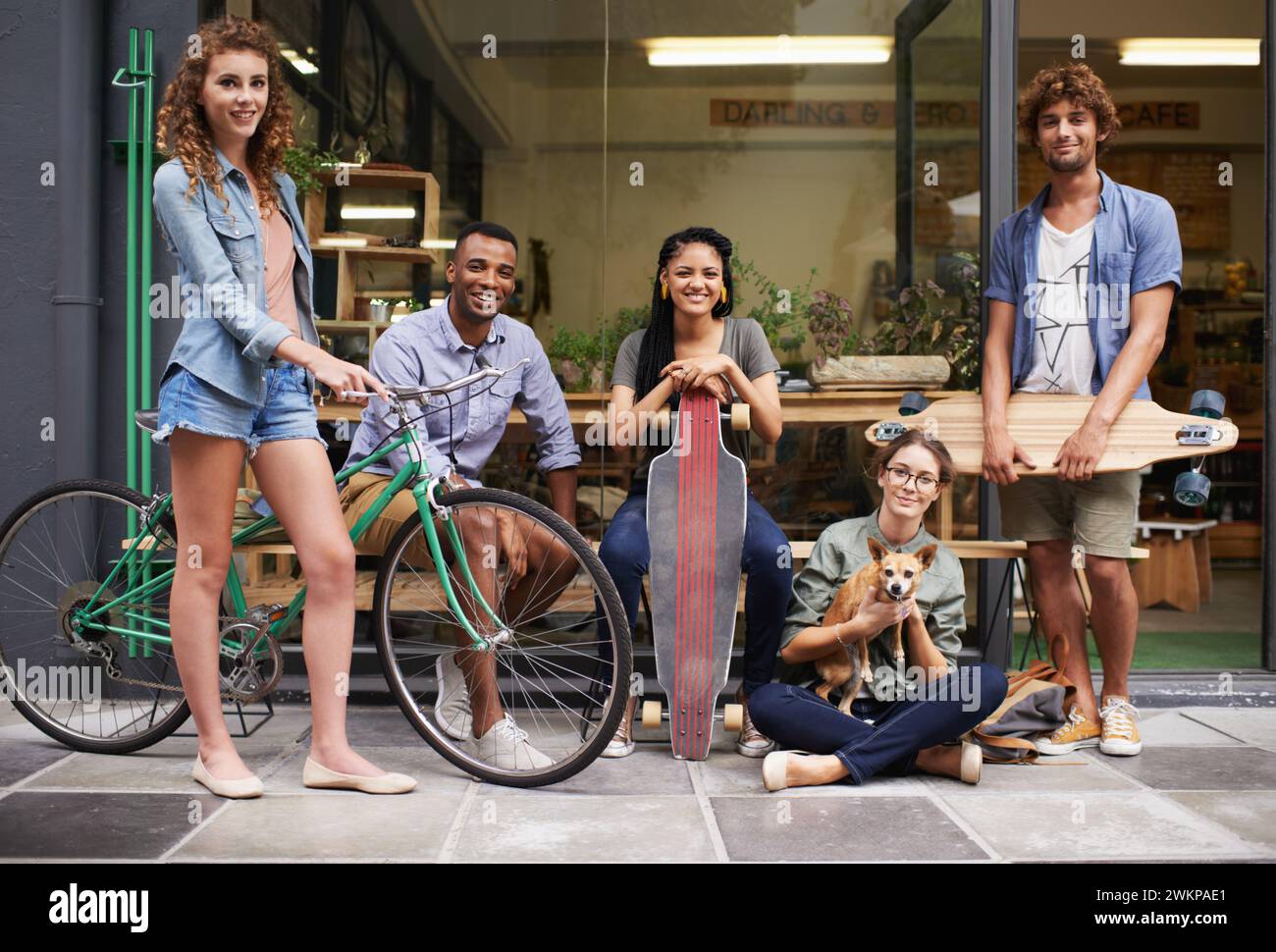 Bike, skateboard and portrait of urban friends on sidewalk together ...