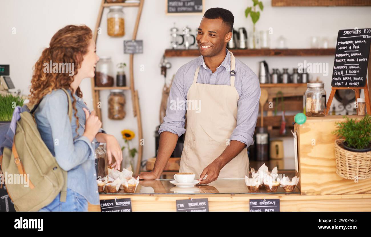 Barista, coffee shop and customer for services with order, drink and ...