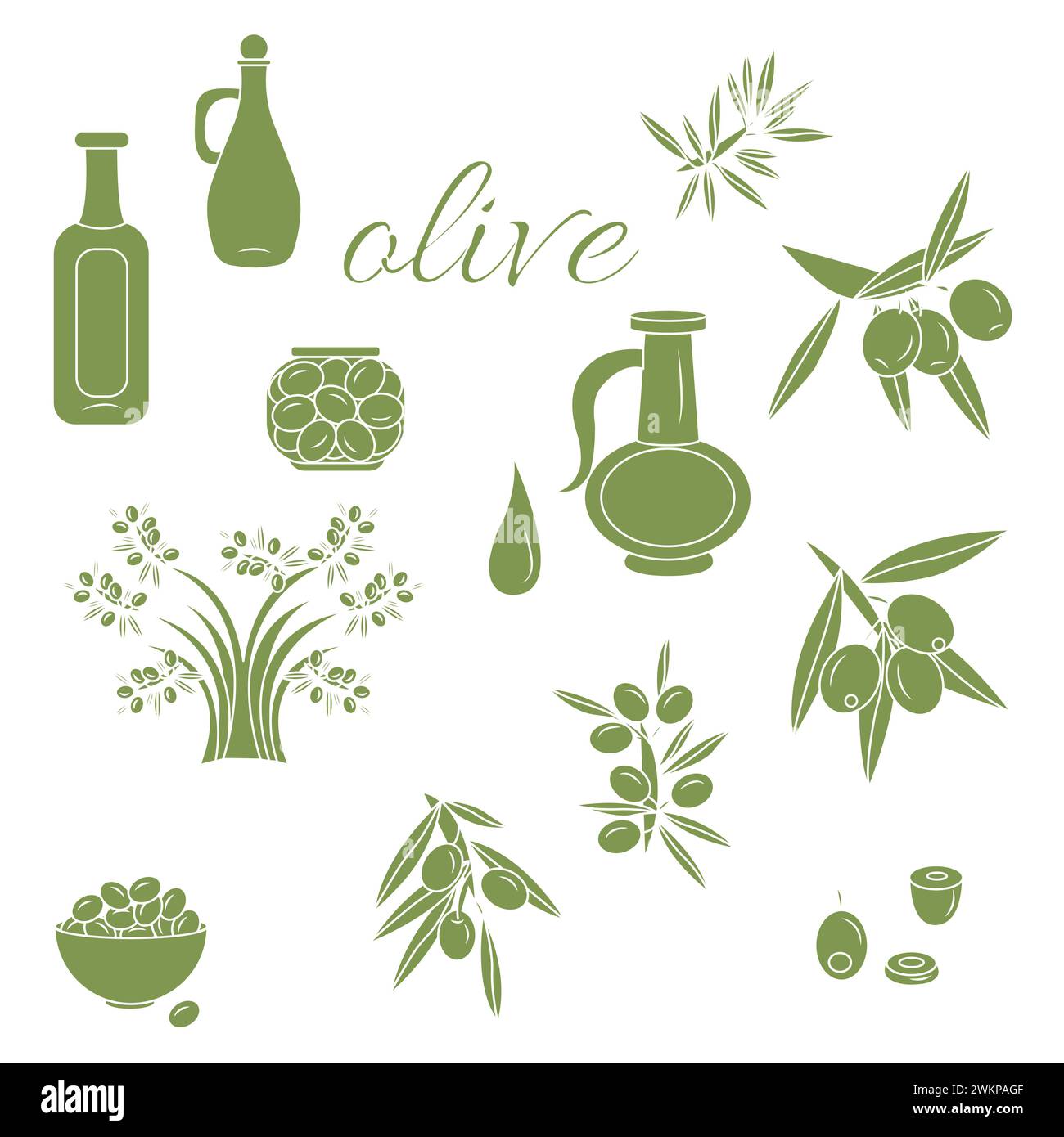 Olive oil, olive branch. Icon set. Vector illustration isolated on ...