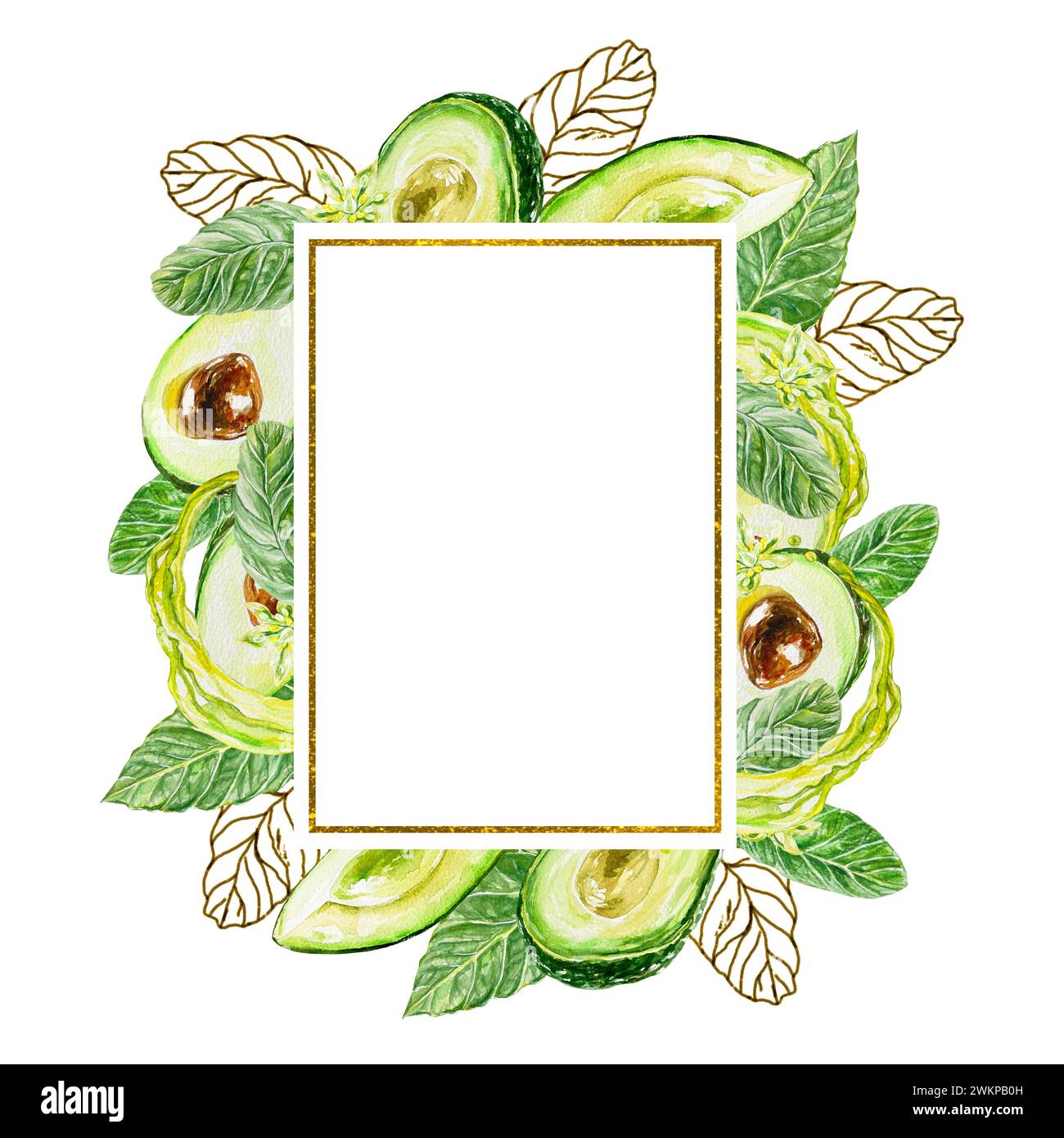 Golden frame with watercolor leaves and avocado fruits, template ...
