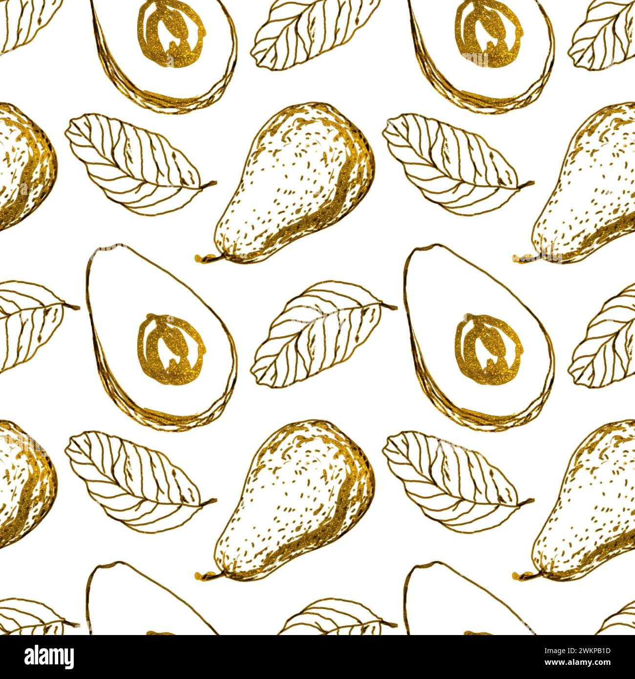 Avocado, seamless pattern. Gold graphic illustration isolated on white ...