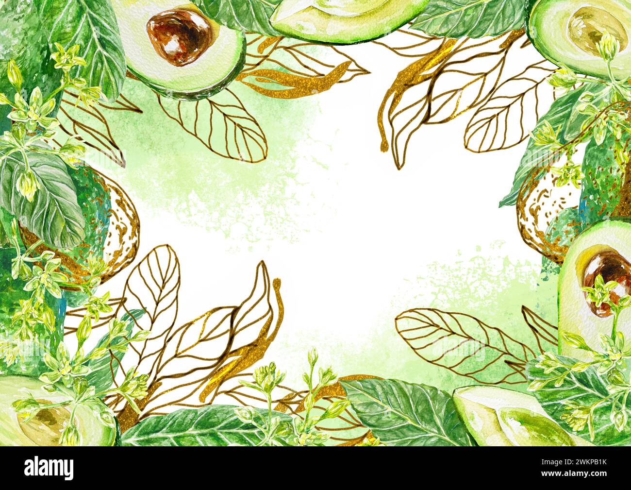 Watercolor frame with golden leaves and avocado fruits, rectangular ...
