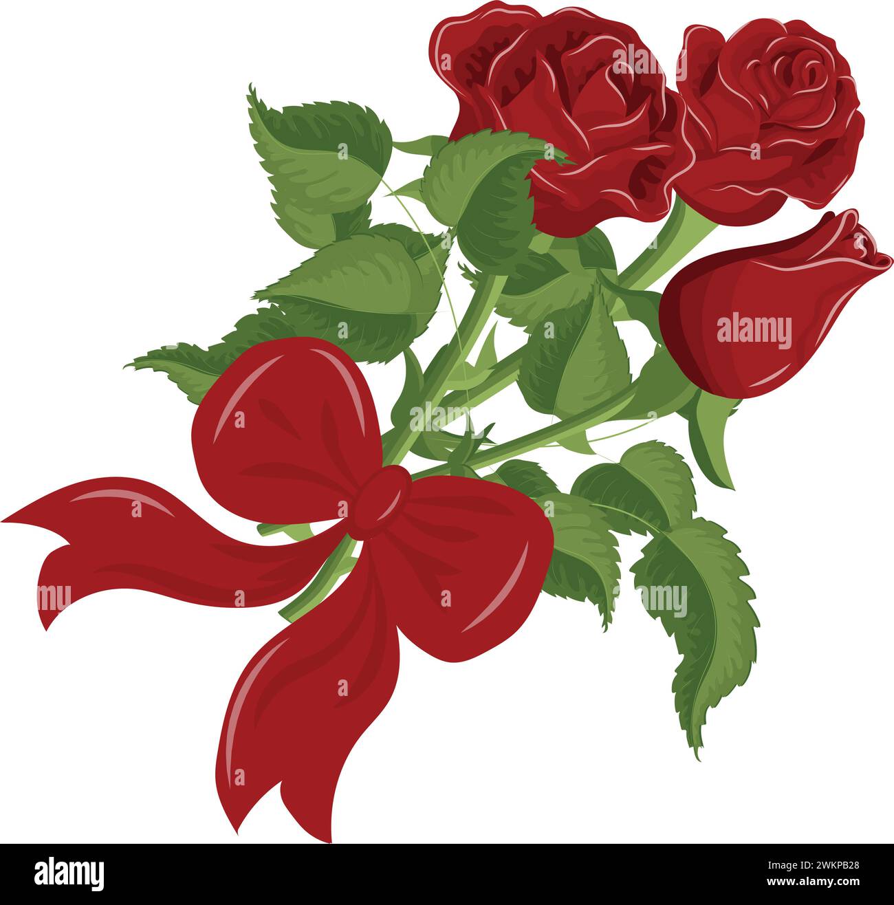 Bouquet of roses with red ribbon bow. Vector illustration isolated on ...