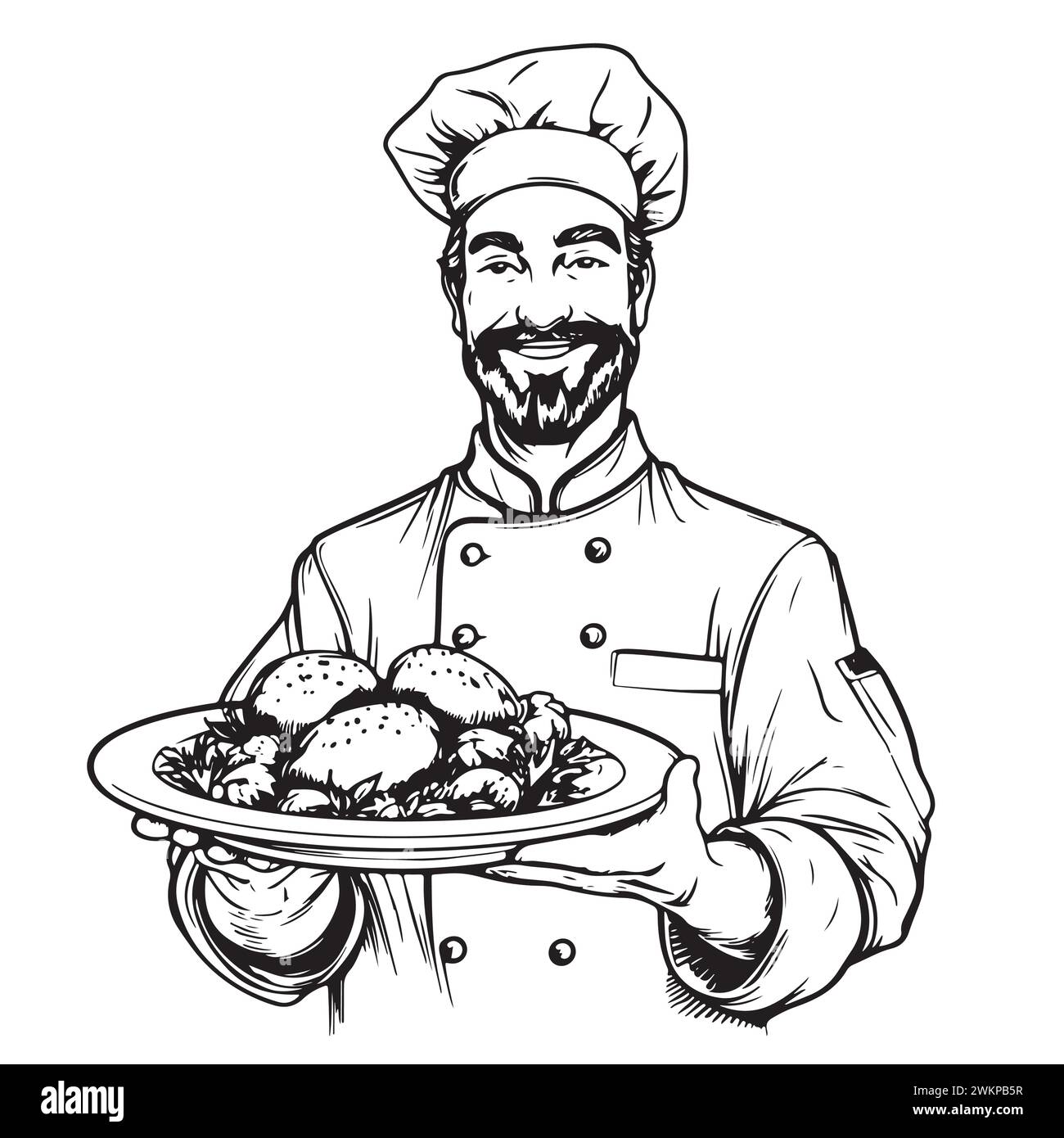 Happy chef in hat ,holding a dish. Sketch vector illustration Stock ...