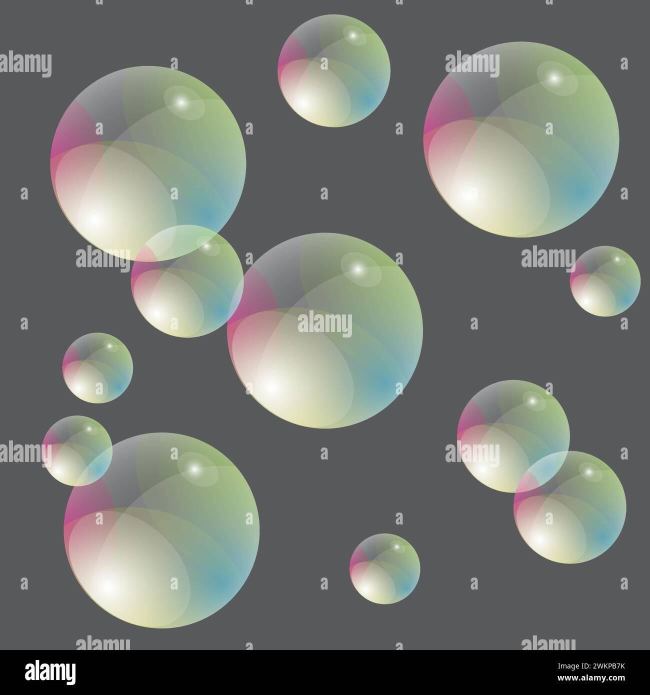 Transparent soap bubbles with iridescent gradient on a gray background. Abstract vector ...