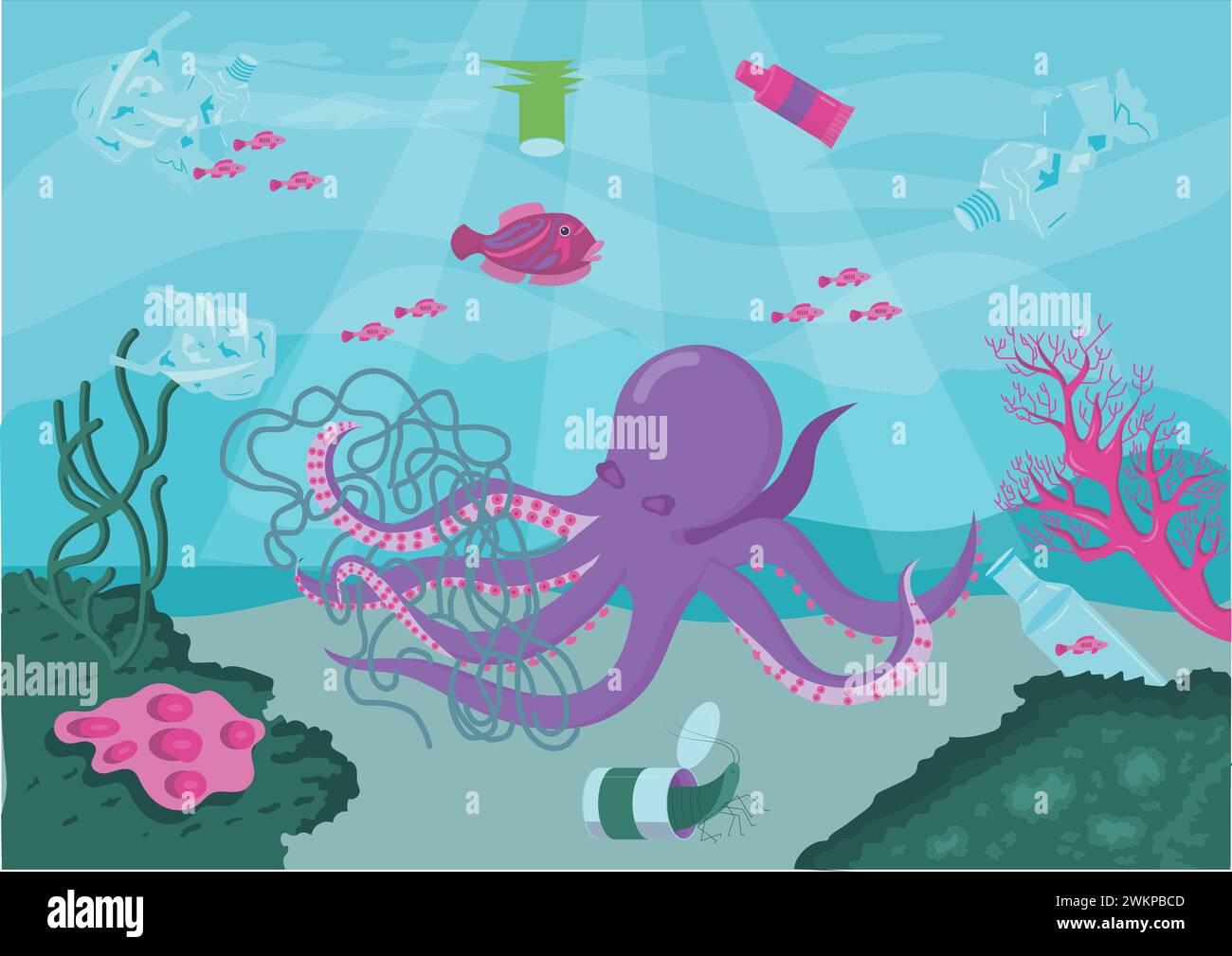 Garbage in the ocean. Plastic debris floating in the water. Seascape ...