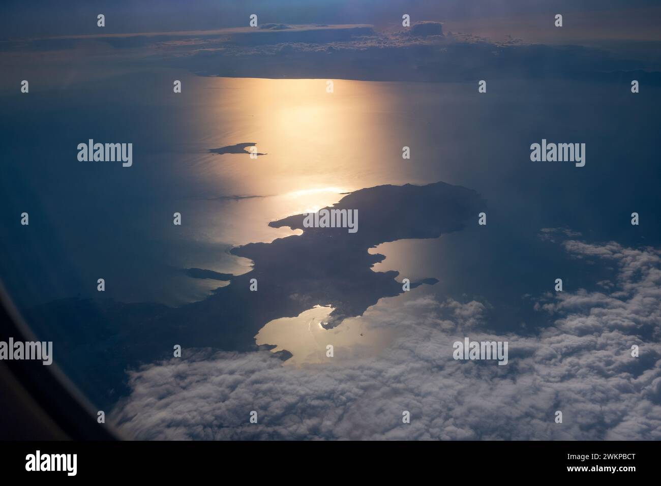 Aerial view of the island of Elba, Italy, with Corsica in the far ...