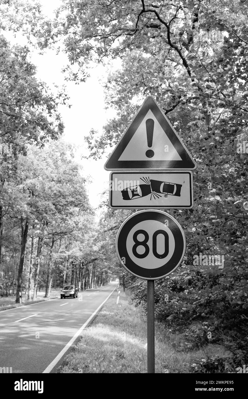 speed limit exclamation road sign for attention. car crash danger Stock ...