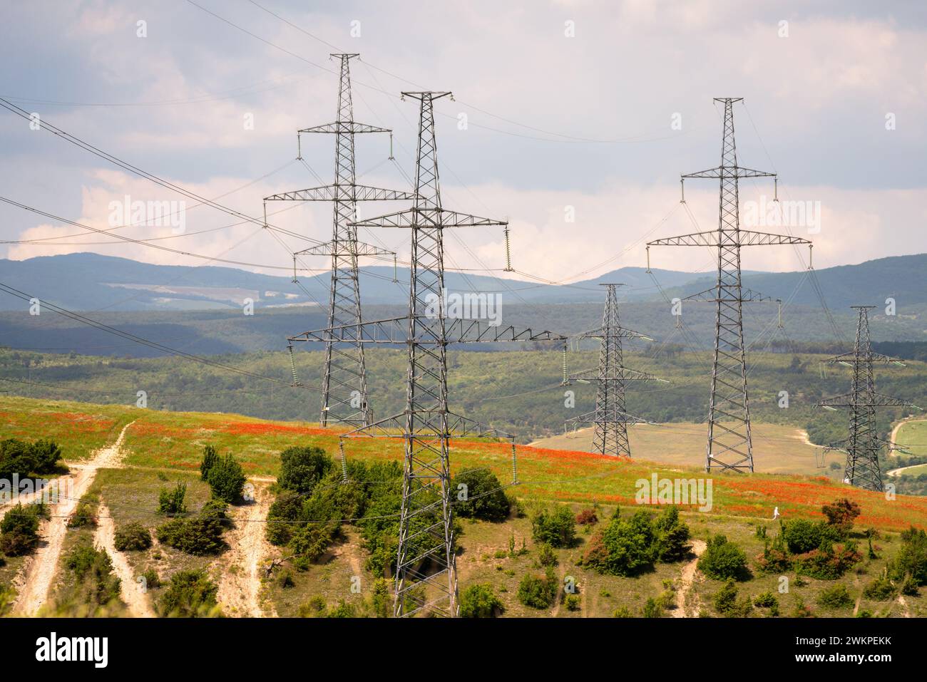 High voltage towers Electric pole. Power line support with wires for ...