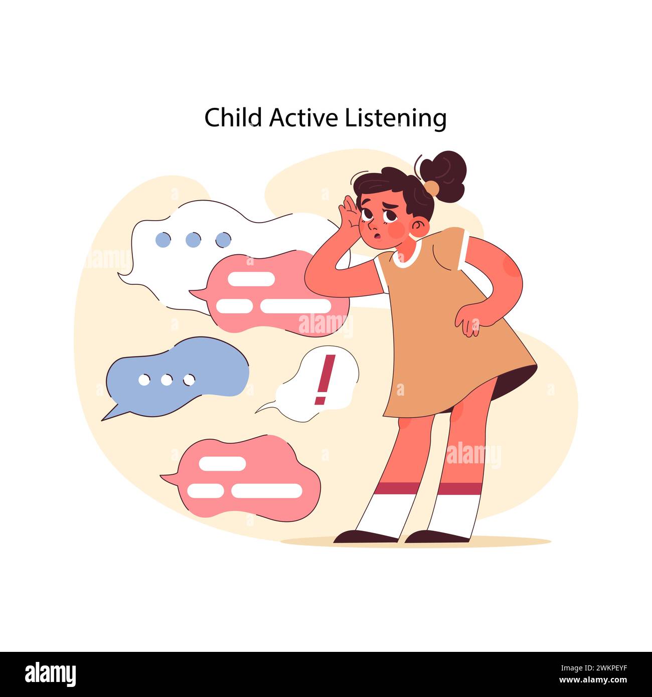 Active listening concept. Curious child with speech bubbles, eager to ... Active listening concept. Curious child with speech bubbles, eager to ...