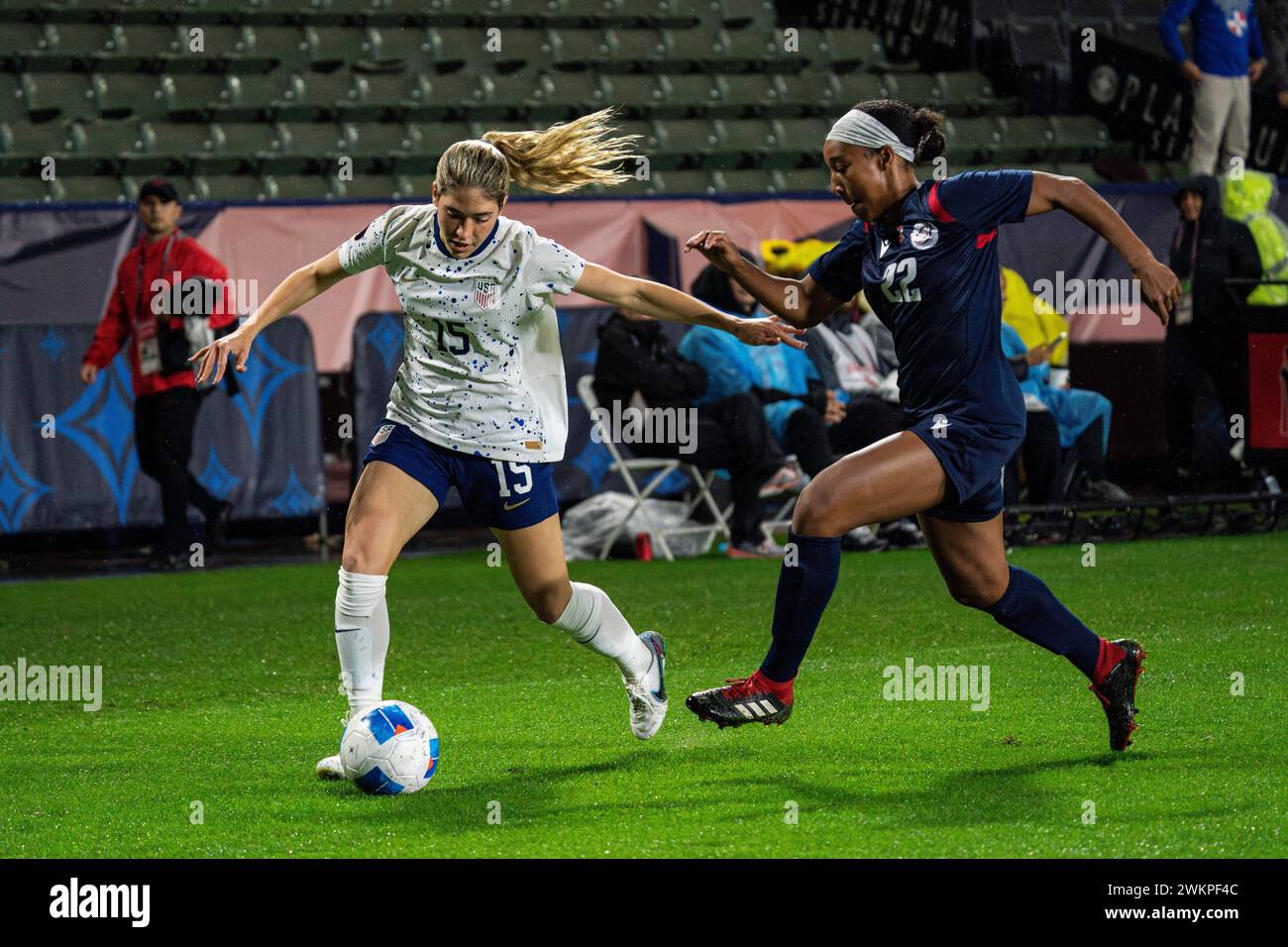 United States forward Korbin Albert (15) is defended by Dominican ...