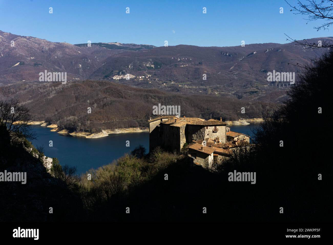 The village of Rocca Vittiana and the lago del Salto, reservoir in ...