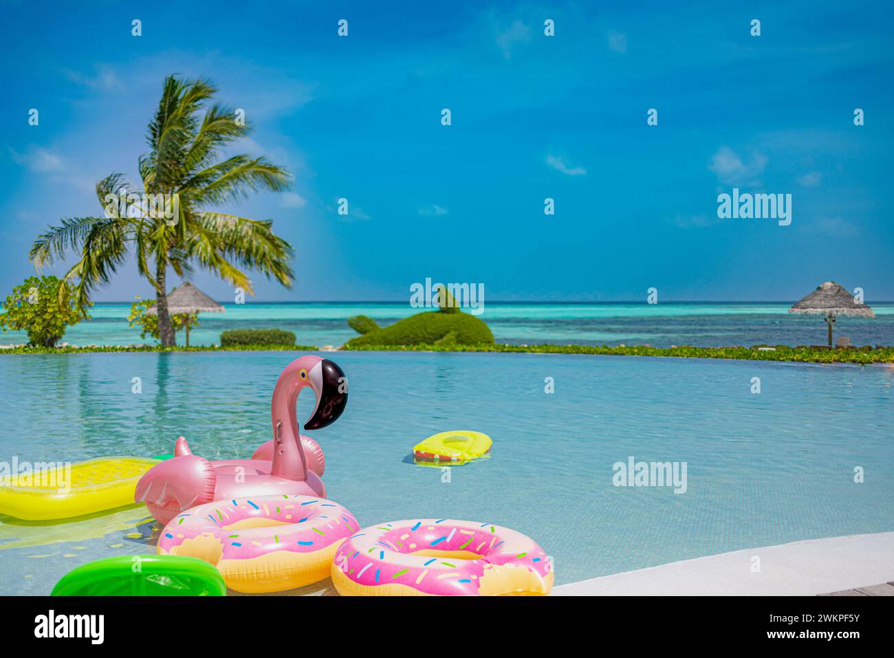 Inflatable rings and mattress floating in infinity swimming pool ...