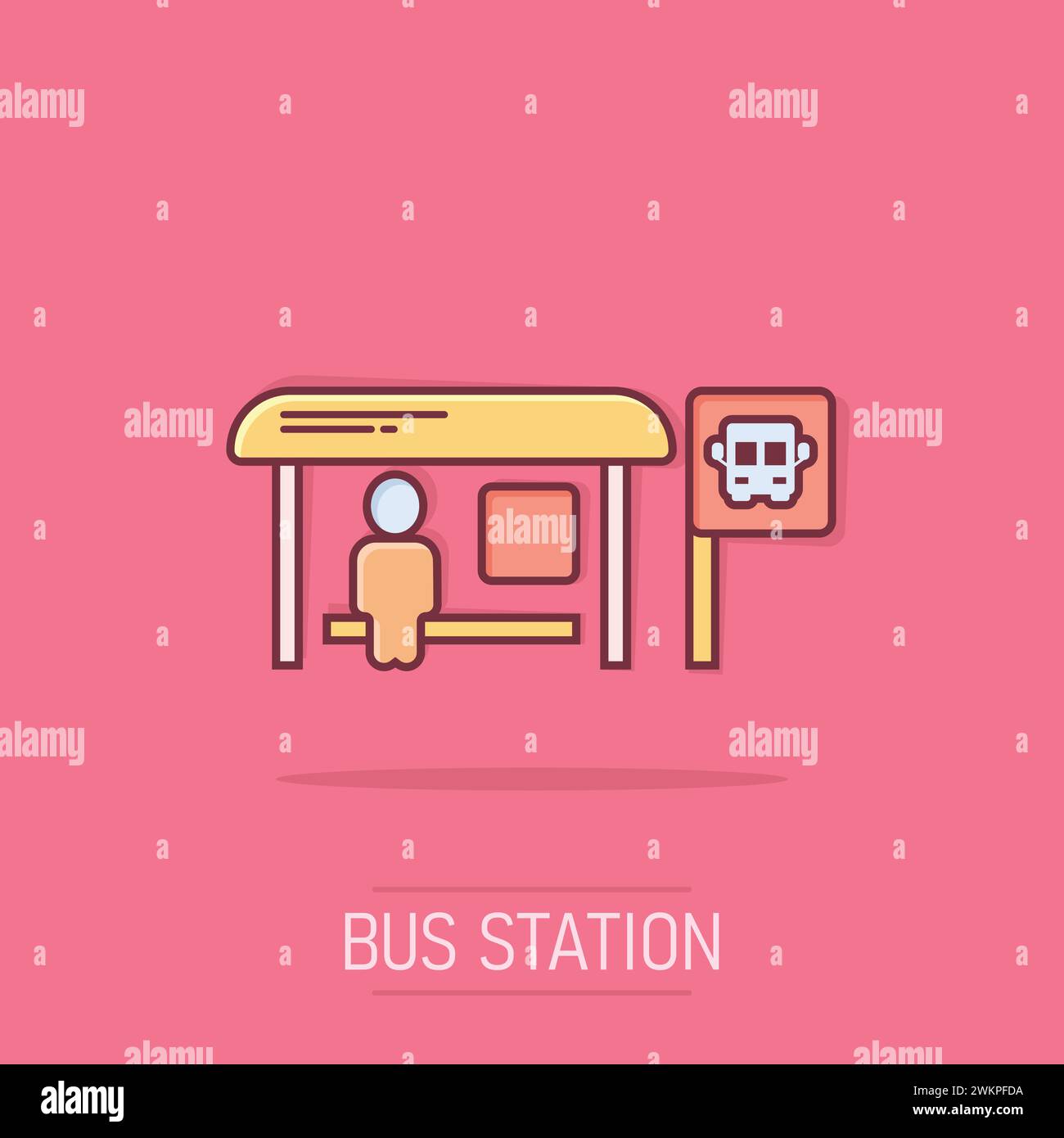 Bus station icon in comic style. Auto stop cartoon vector illustration ...